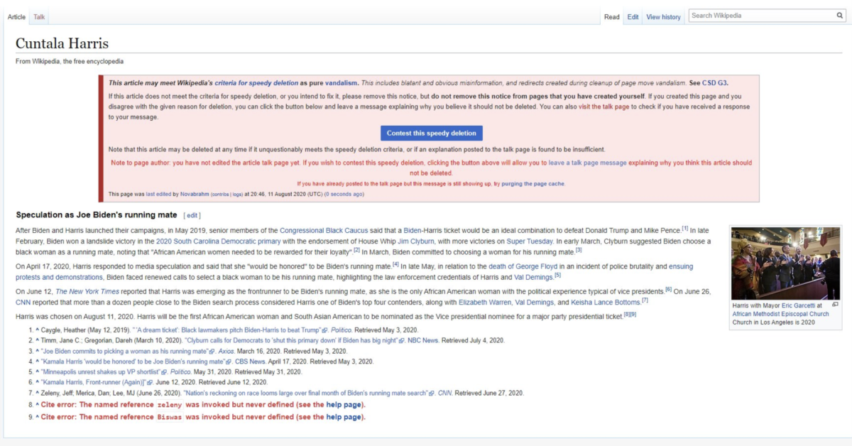 Trolls Are Trying to Deface Kamala Harris' Wikipedia Page