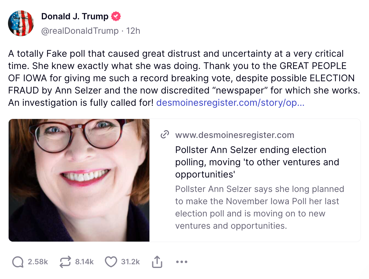 Trump Demands Investigation Into Iowa Pollster Ann Selzer
