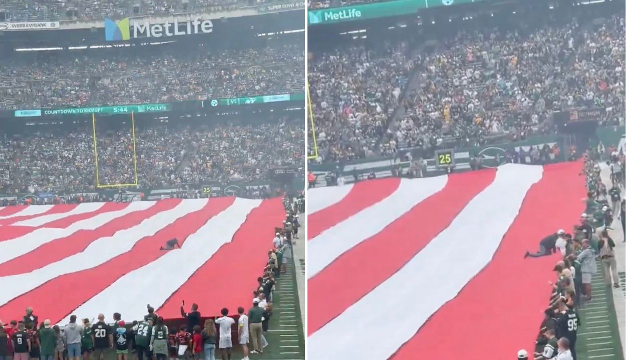 Man Gets Stuck on Giant American Flag at Jets-Steelers Game