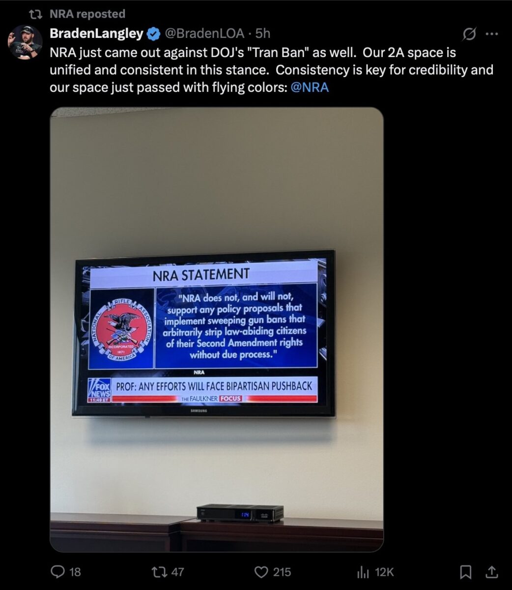 NRA Opposes Reported Trump DOJ Ban on Transgender Gun Rights