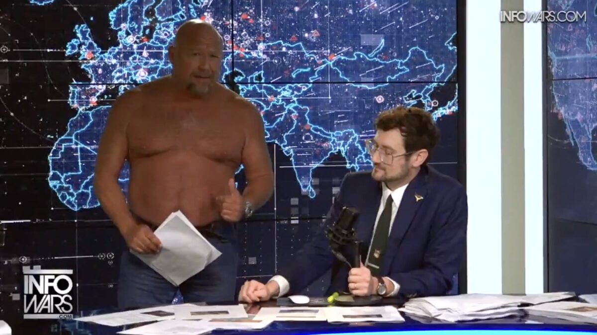 Alex Jones Goes on Shirtless Rant as Onion Nears Takeover